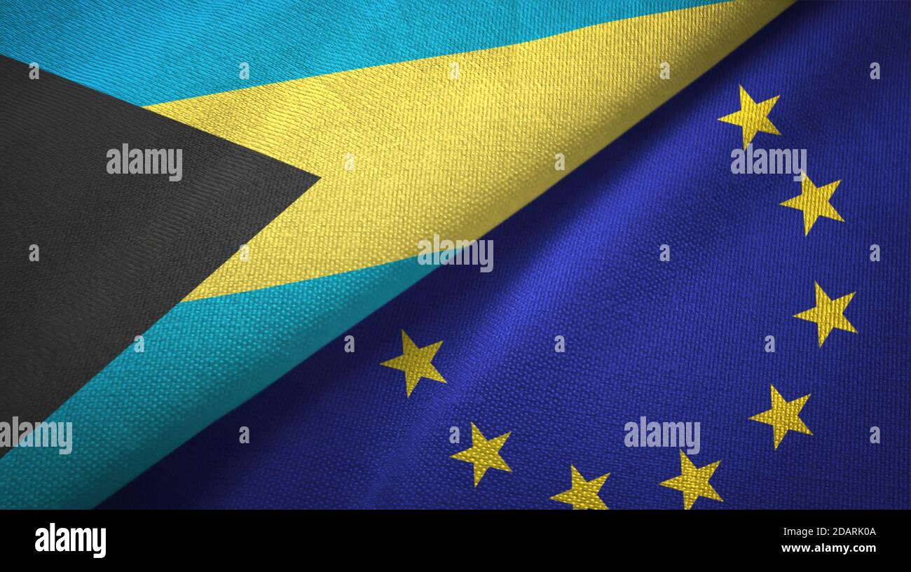 Bahamas and European Union two flags textile cloth, fabric texture ...
