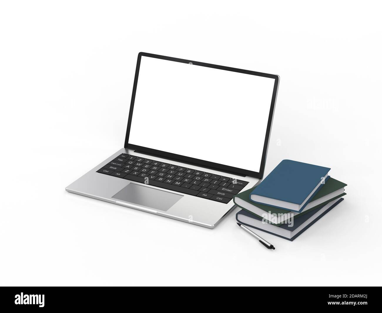 3d rendering blank screen computer notebook with stack of books Stock ...