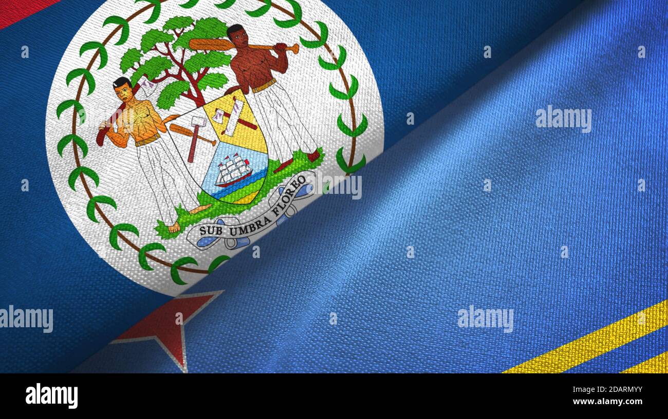 Belize and Aruba two flags textile cloth, fabric texture Stock Photo ...