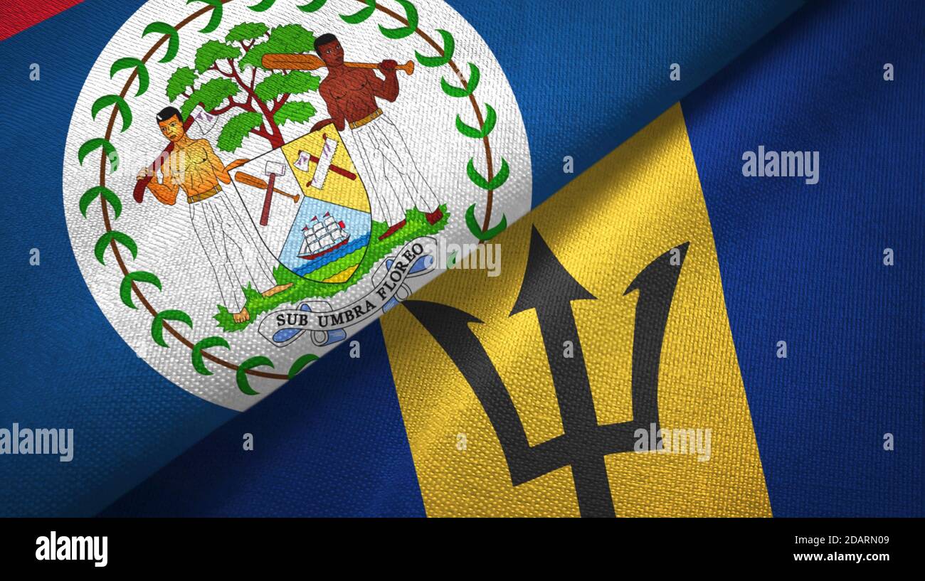 Belize and Barbados two flags textile cloth, fabric texture Stock Photo ...