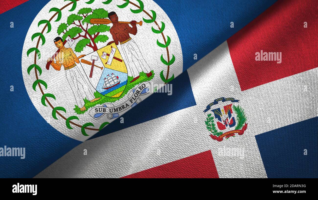 Belize and Dominican Republic two flags textile cloth, fabric texture ...
