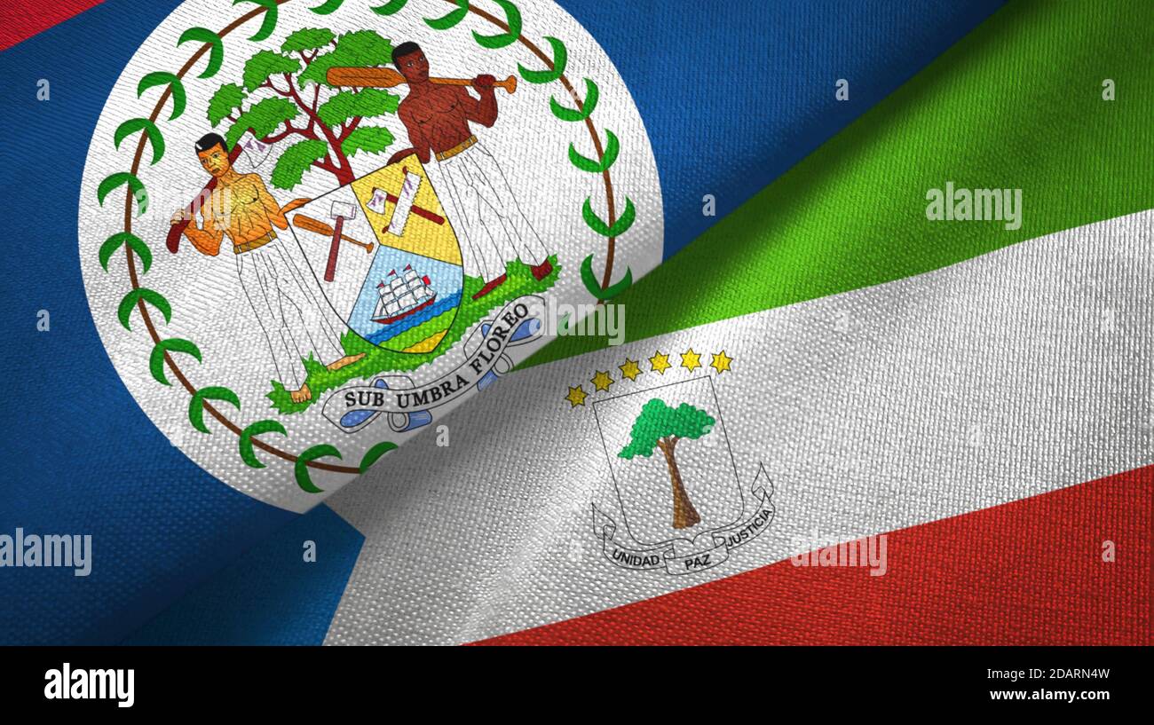 Belize and Equatorial Guinea two flags textile cloth, fabric texture ...