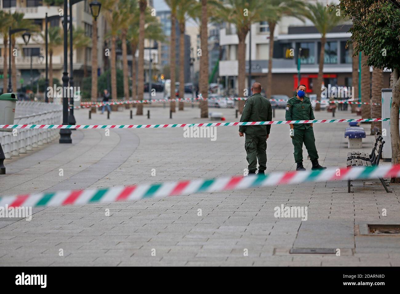 Beirut, Lebanon. 14th Nov, 2020. Police stand guard at a cordoned off ...
