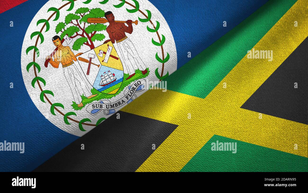 Belize and Jamaica two flags textile cloth, fabric texture Stock Photo ...