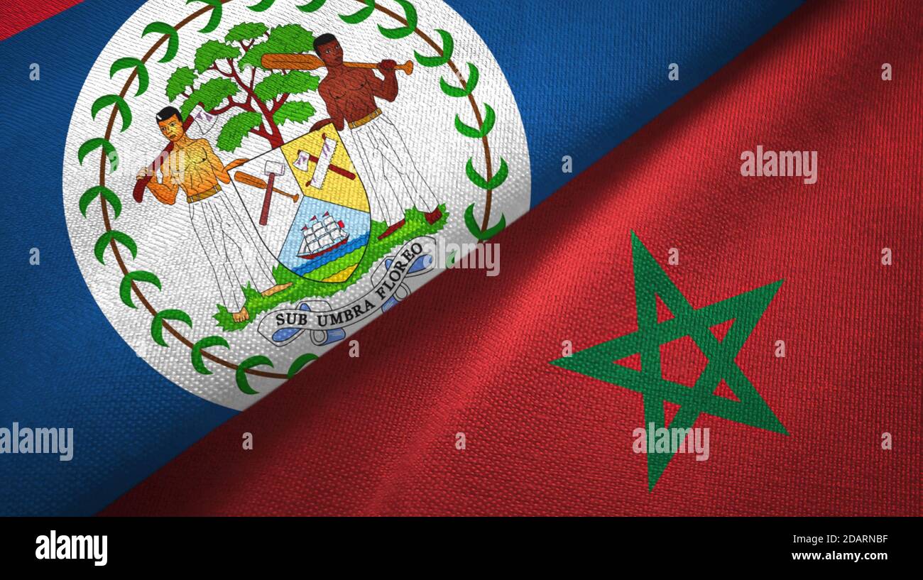 Belize and Morocco two flags textile cloth, fabric texture Stock Photo ...