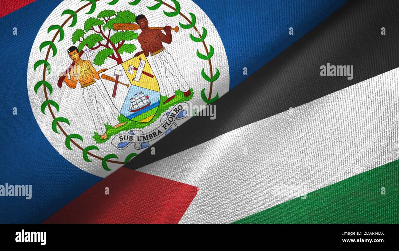 Belize and Palestine two flags textile cloth, fabric texture Stock ...