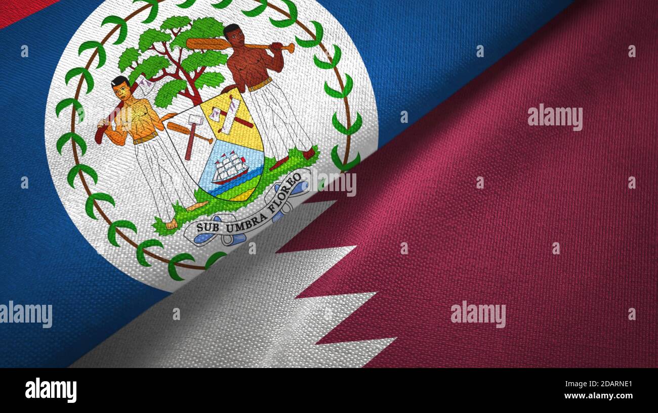 Belize and Qatar two flags textile cloth, fabric texture Stock Photo ...