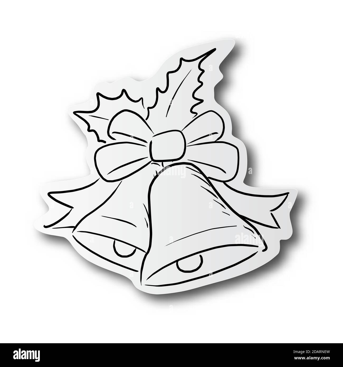 black line hand drawn of Christmas bells with bow, tinsel and Holly ...
