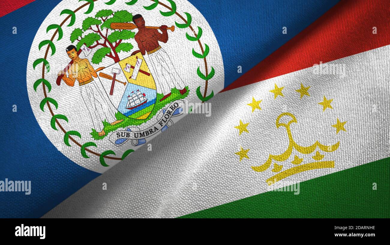 Belize and Tajikistan two flags textile cloth, fabric texture Stock ...