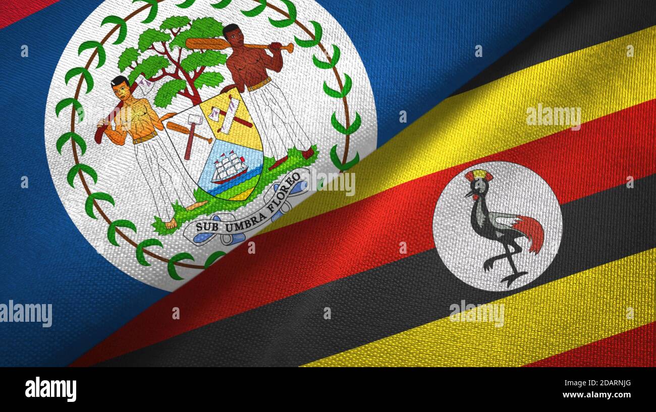 Belize and Uganda two flags textile cloth, fabric texture Stock Photo ...