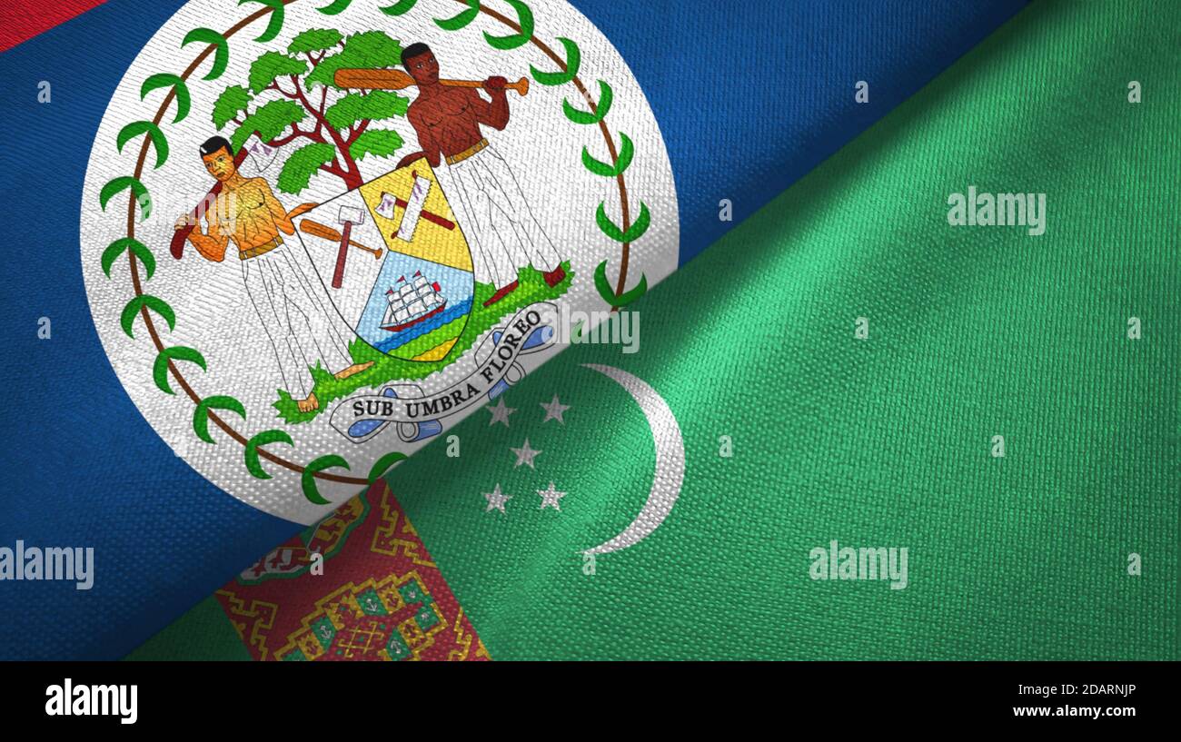 Belize and Turkmenistan two flags textile cloth, fabric texture Stock ...