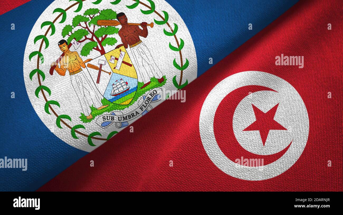 Belize and Tunisia two flags textile cloth, fabric texture Stock Photo ...