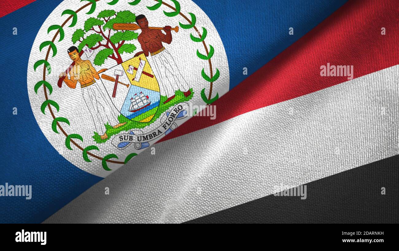 Belize and Yemen two flags textile cloth, fabric texture Stock Photo ...