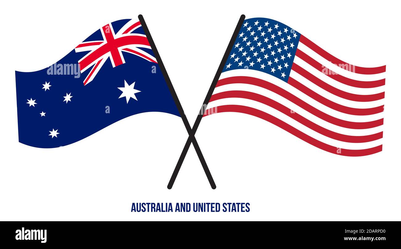 Australia and United States Flags Crossed And Waving Flat Style ...