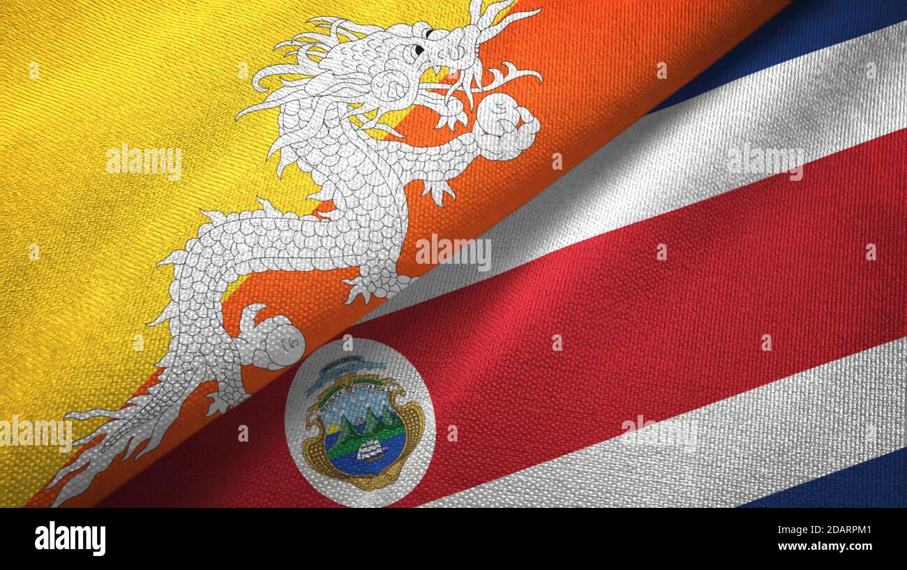Bhutan and Costa Rica two flags textile cloth, fabric texture Stock ...