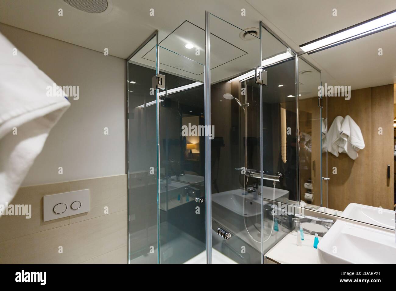 modern bathroom with white ceramic appliances and shower cabin Stock ...