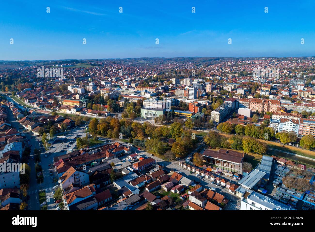 Valjevo - panorama of city in Serbia. Aerial drone view administrative ...