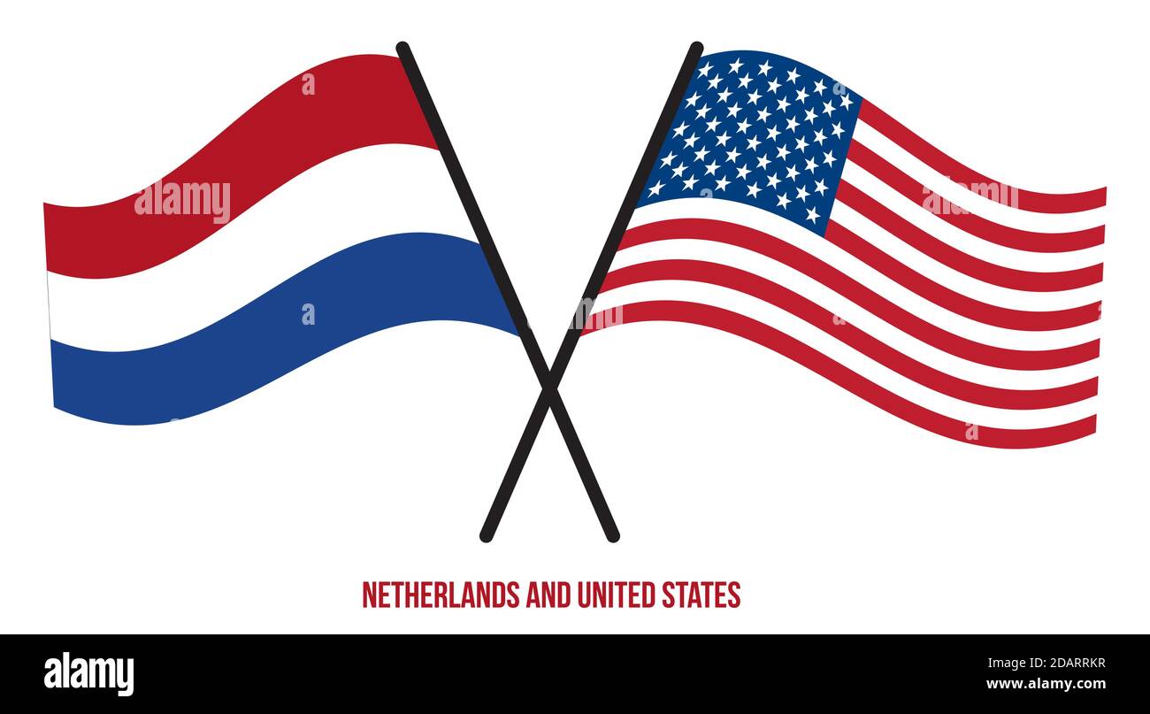 Netherlands and United States Flags Crossed And Waving Flat Style ...