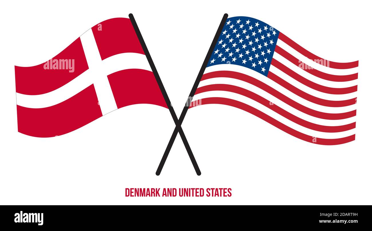 Denmark and United States Flags Crossed And Waving Flat Style. Official ...