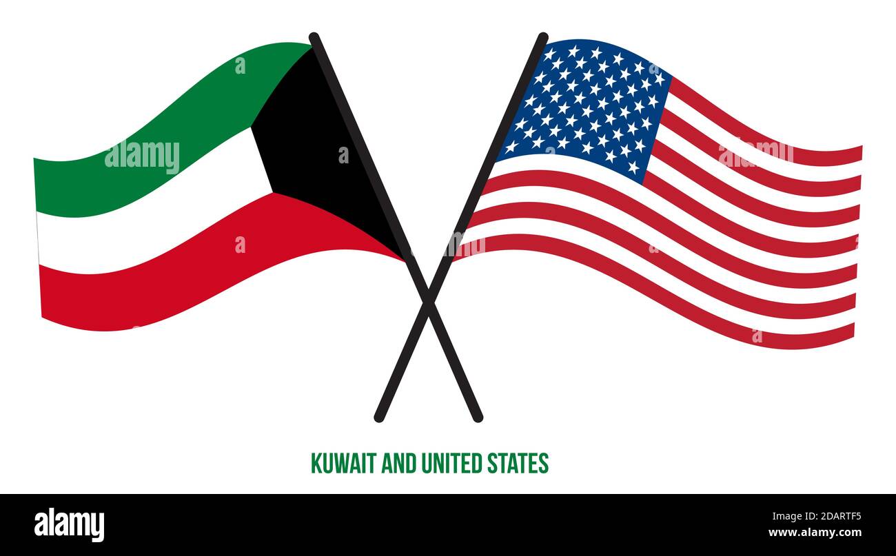 Kuwait and United States Flags Crossed And Waving Flat Style. Official ...