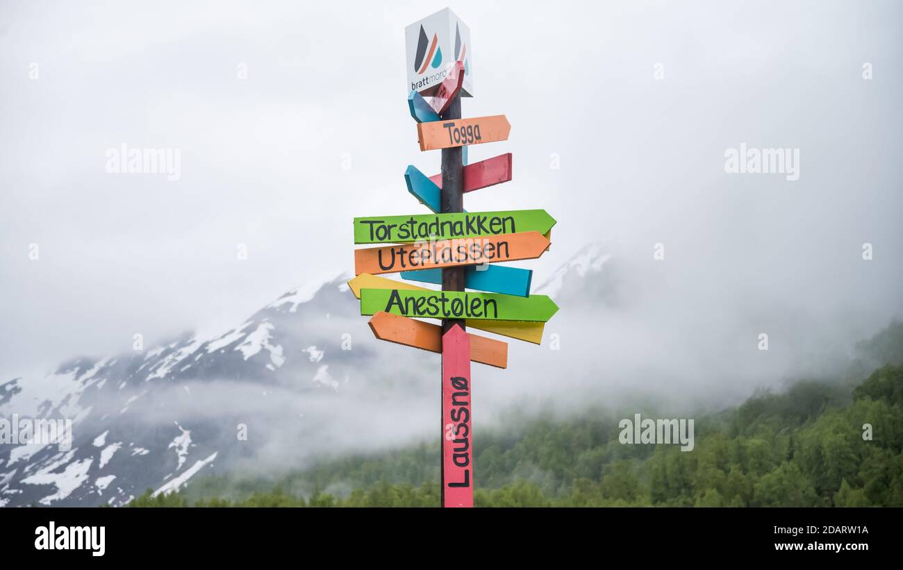 Norway, May 2016: Colorful directional road signs in beautiful nature ...