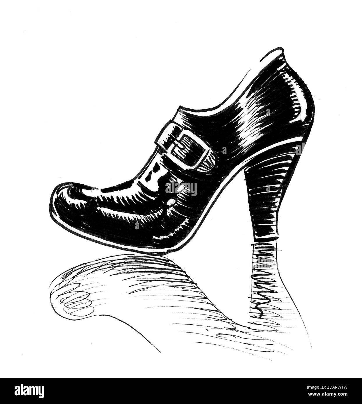 Vintage female high heel shoe. Ink black and white drawing Stock Photo ...