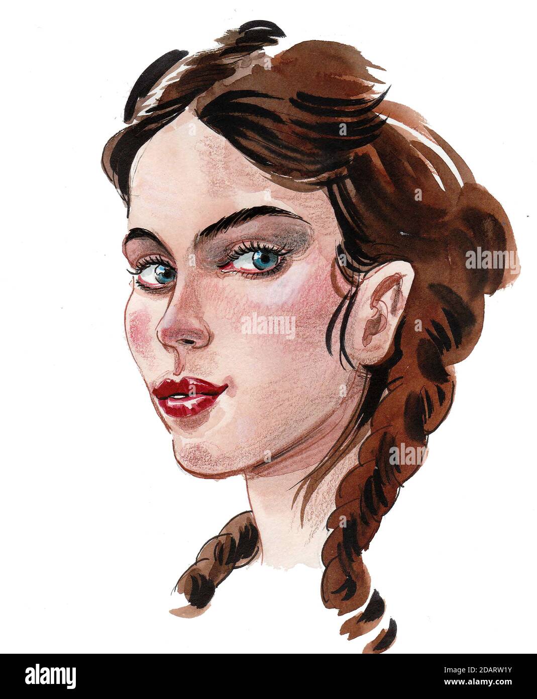 Beautiful girl with two braids. Ink and watercolor drawing Stock Photo ...