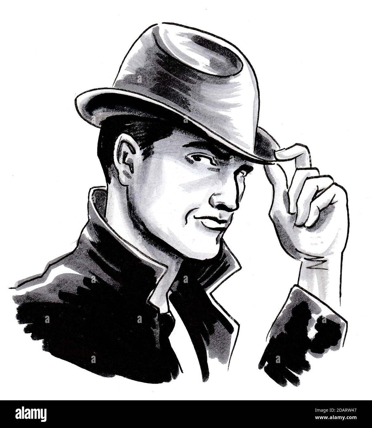 Cool man in hat. Ink black and white drawing Stock Photo - Alamy