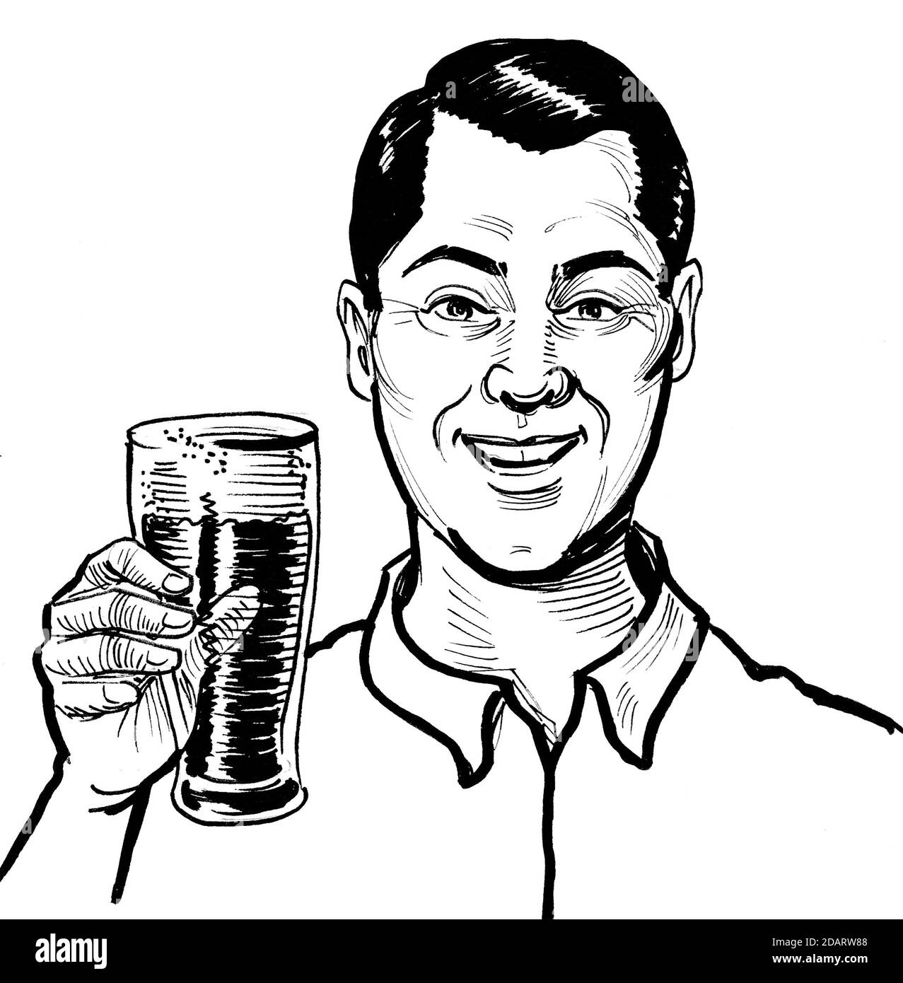 Happy man drinking a glass of beer. Ink black and white drawing Stock ...