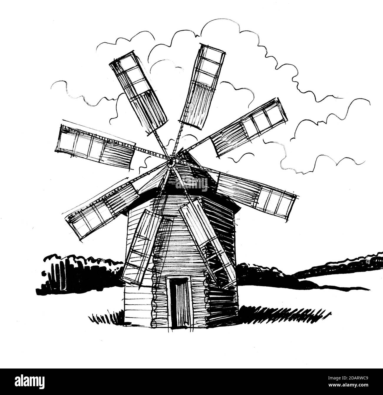 Retro windmill in the countryside. Ink black and white drawing Stock ...