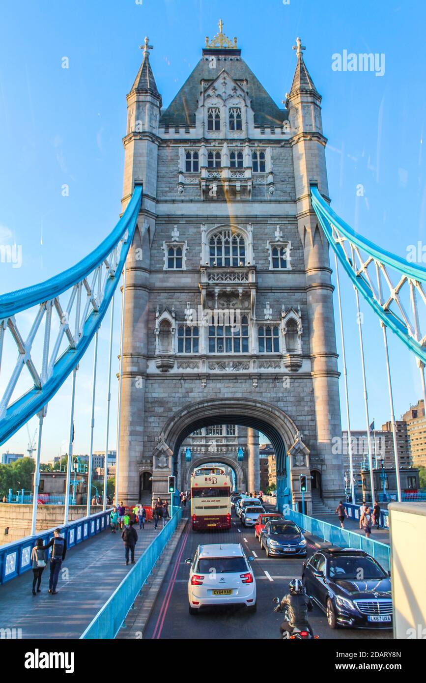 Street view of London iconic symbol, the Tower Bridge, known as the ...