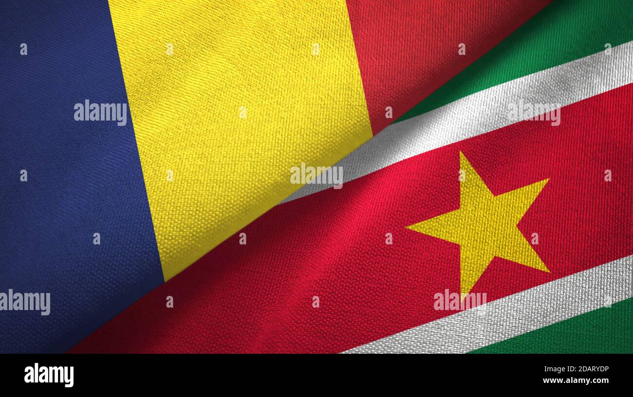 Chad and Suriname two flags textile cloth, fabric texture Stock Photo ...