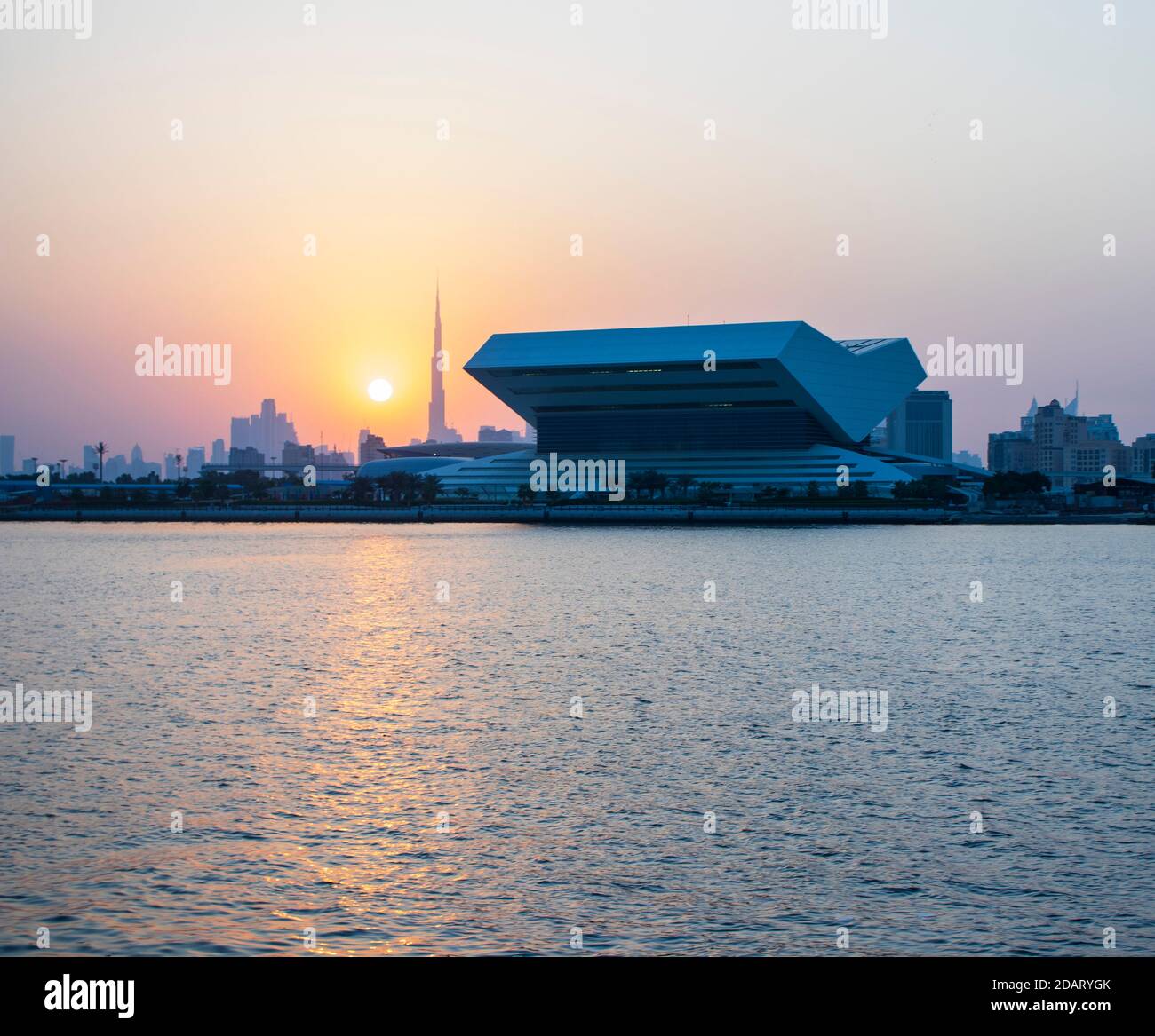 Sunset at Dubai Festival city. New building of Sheikh Muhammad Bin ...