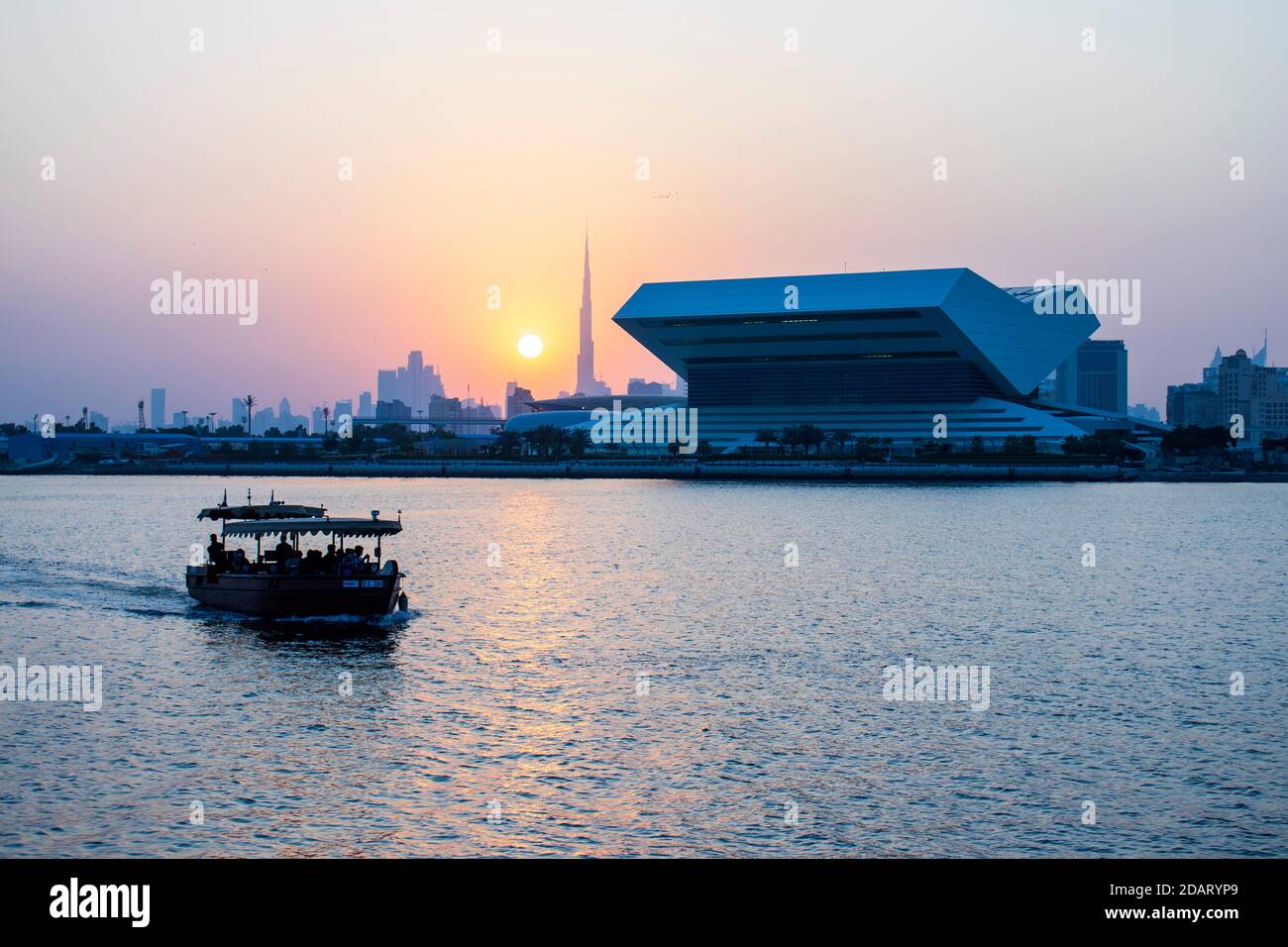 Sunset at Dubai Festival city. New building of Sheikh Muhammad Bin ...