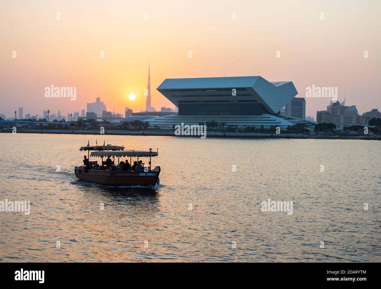 Sunset at Dubai Festival city. New building of Sheikh Muhammad Bin ...