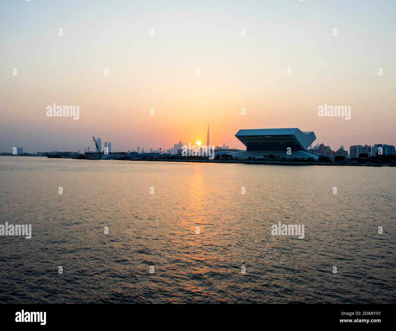 Sunset at Dubai Festival city. New building of Sheikh Muhammad Bin ...