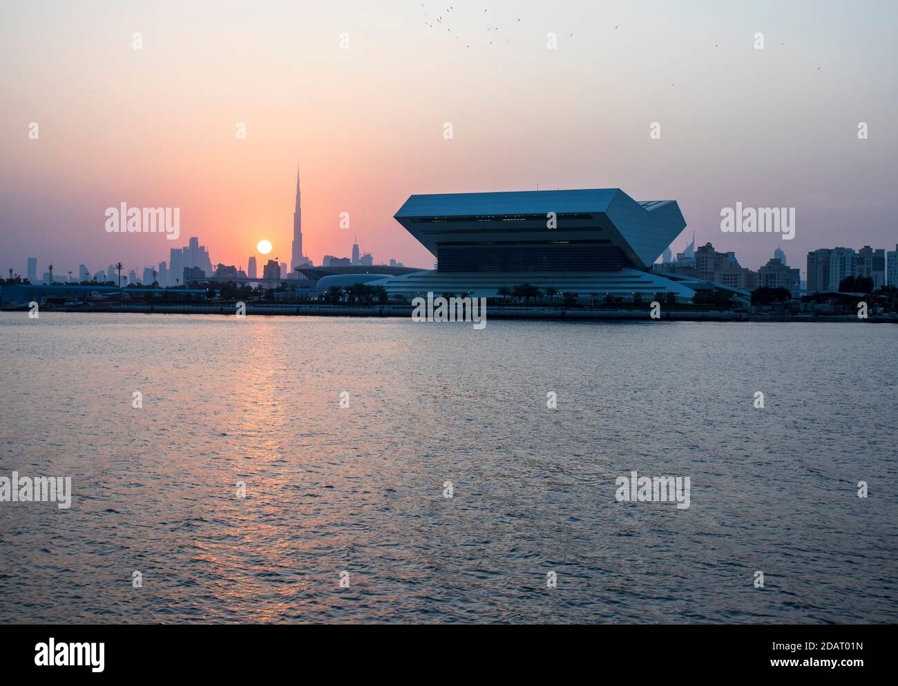 Sunset at Dubai Festival city. New building of Sheikh Muhammad Bin ...