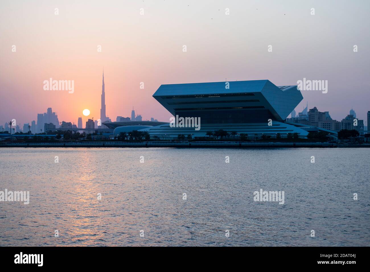 Sunset at Dubai Festival city. New building of Sheikh Muhammad Bin ...