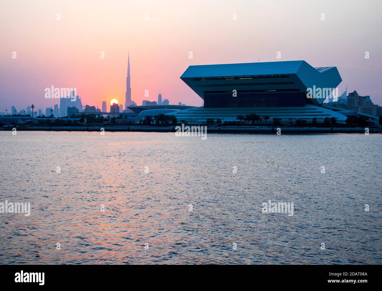 Sunset at Dubai Festival city. New building of Sheikh Muhammad Bin ...