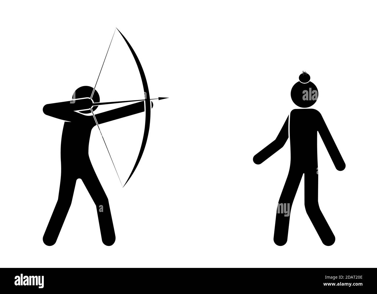 archer aims at an apple standing on a person head. Shooter athlete ...