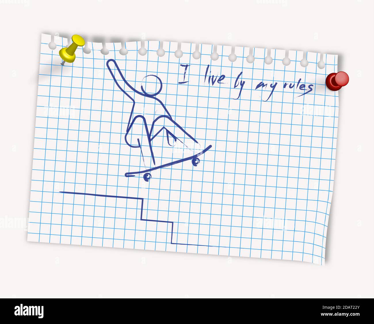 man on a skateboard performs a trick. Drawing in blue ink on a ...