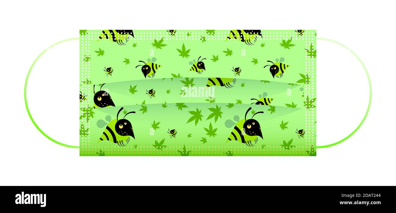 Childrens green medical face mask with funny drawings of little bees ...