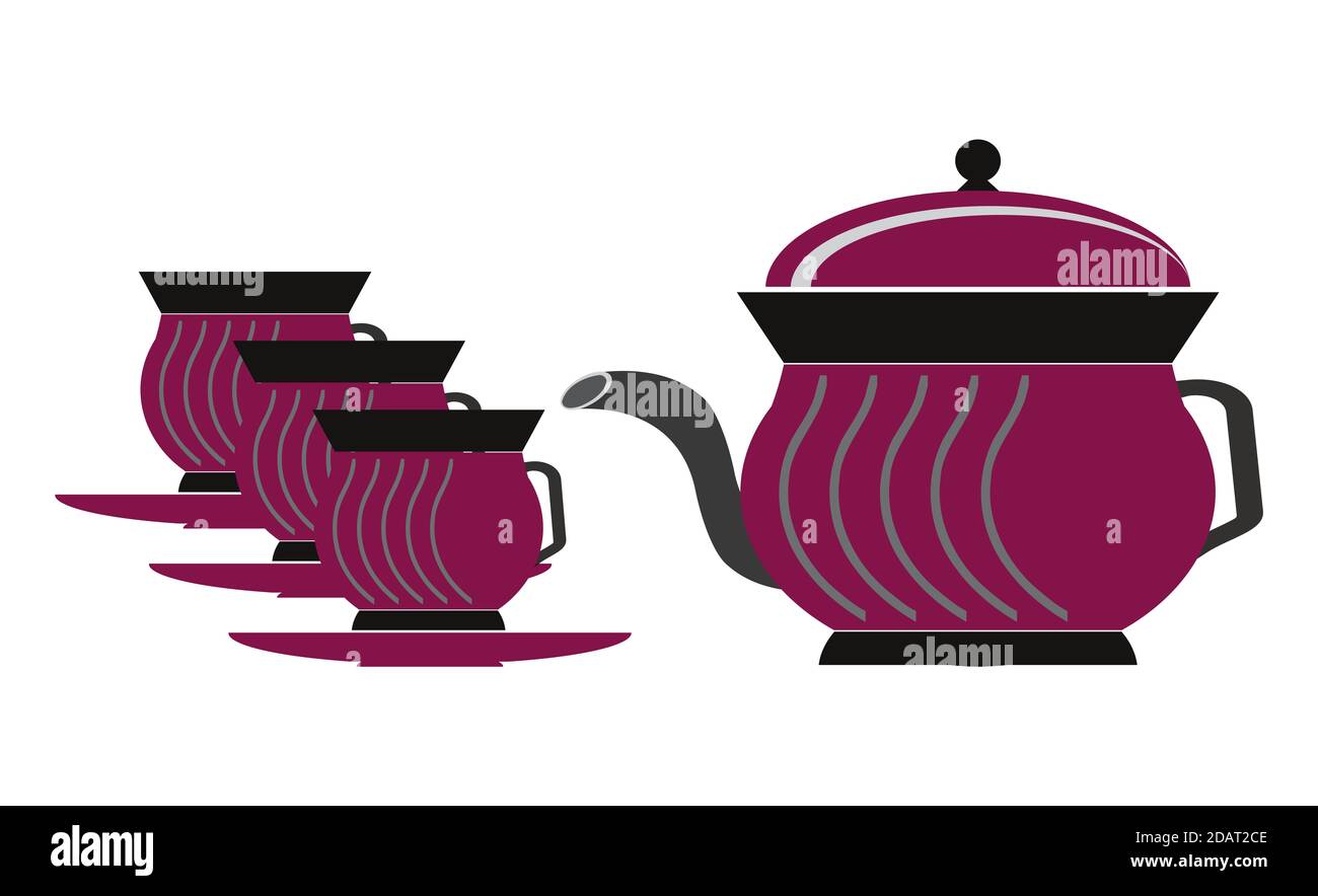 Purple color, pottery shape tea cups and teapot, vector artwork Stock ...