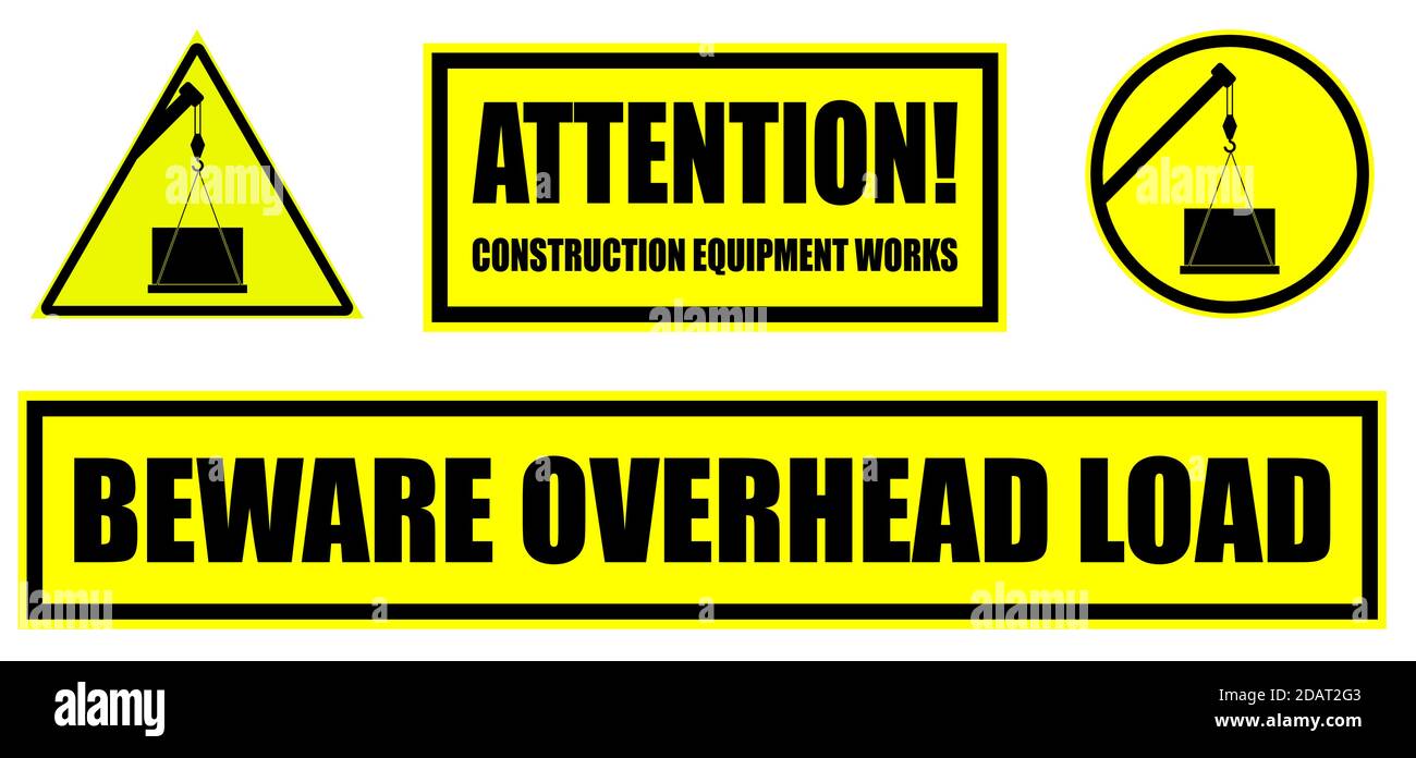 Set of danger signs of working construction equipment on a yellow ...