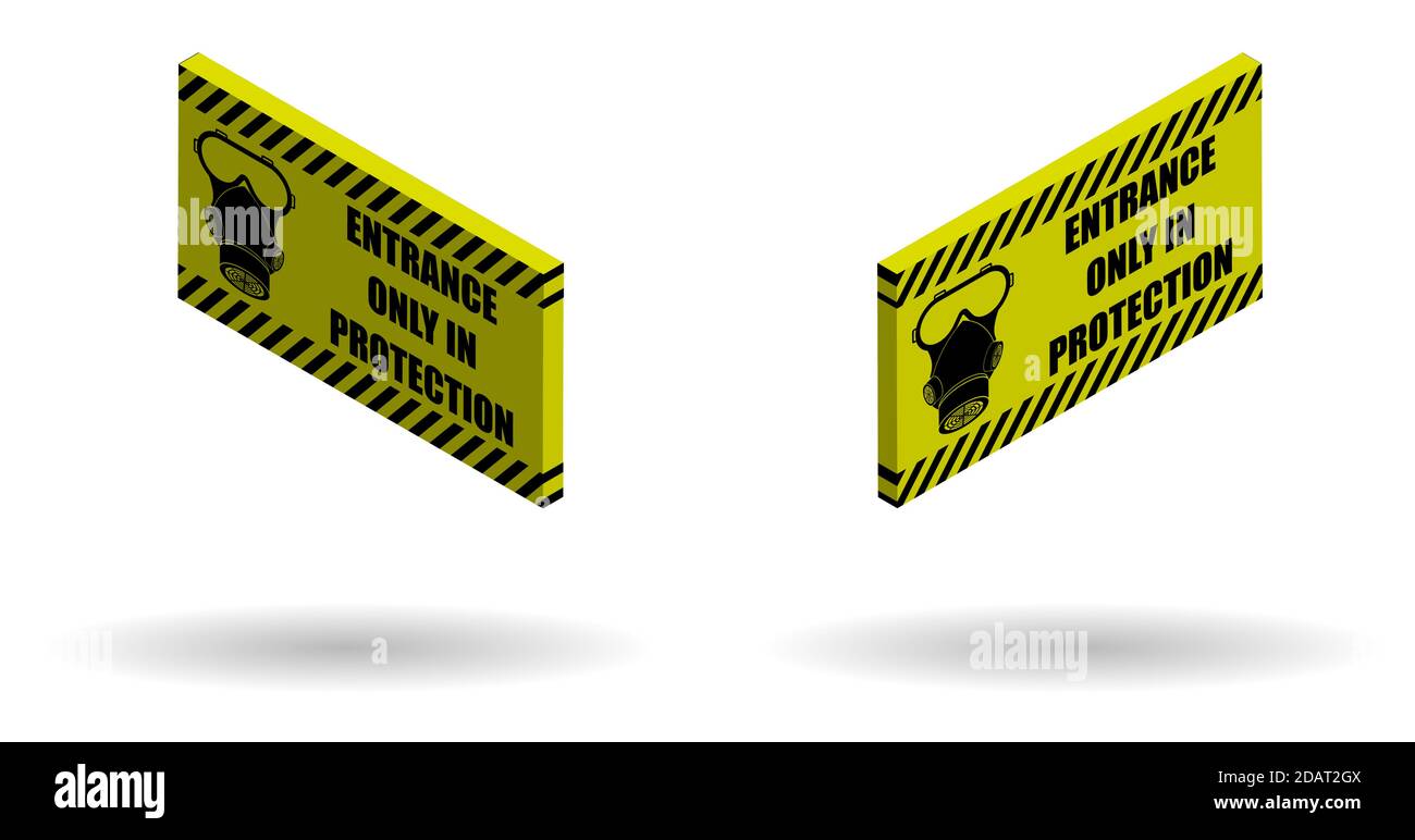 isometric yellow sign of biological, chemical hazard with a gas mask ...