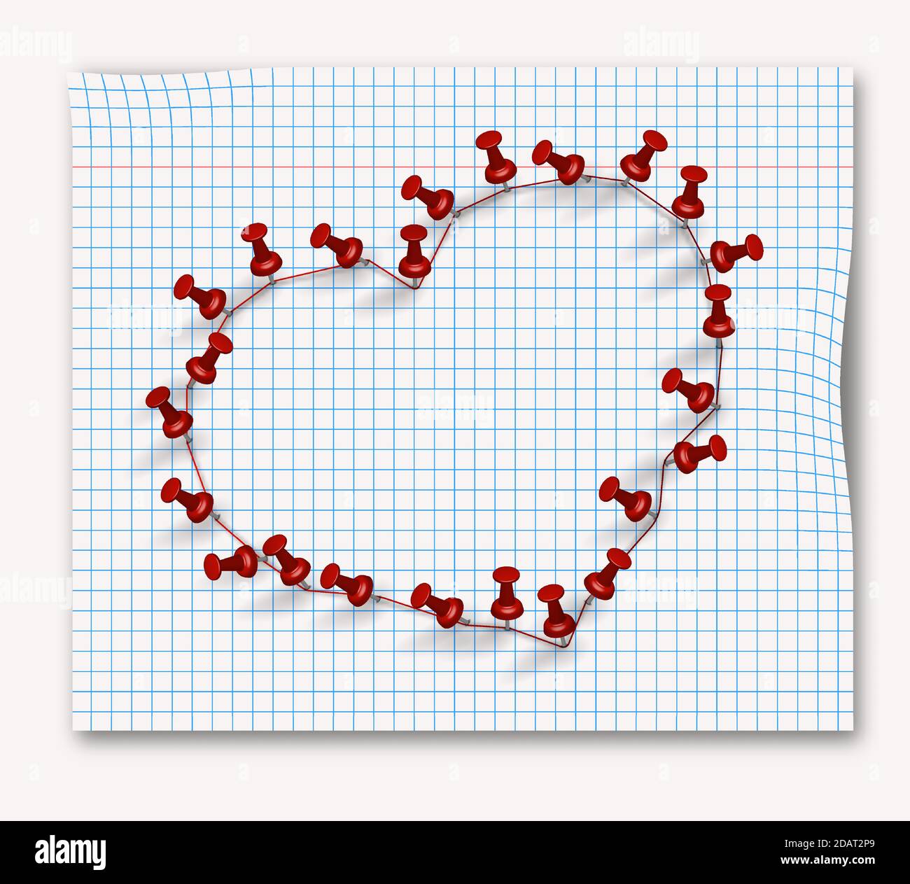 Heart made up of pins and red thread on a notebook sheet into a cage ...