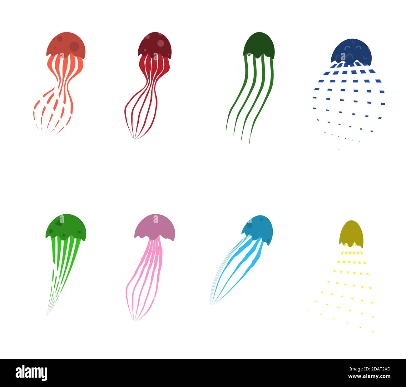 set of colored jellyfish, marine life. Isolated vector on white ...