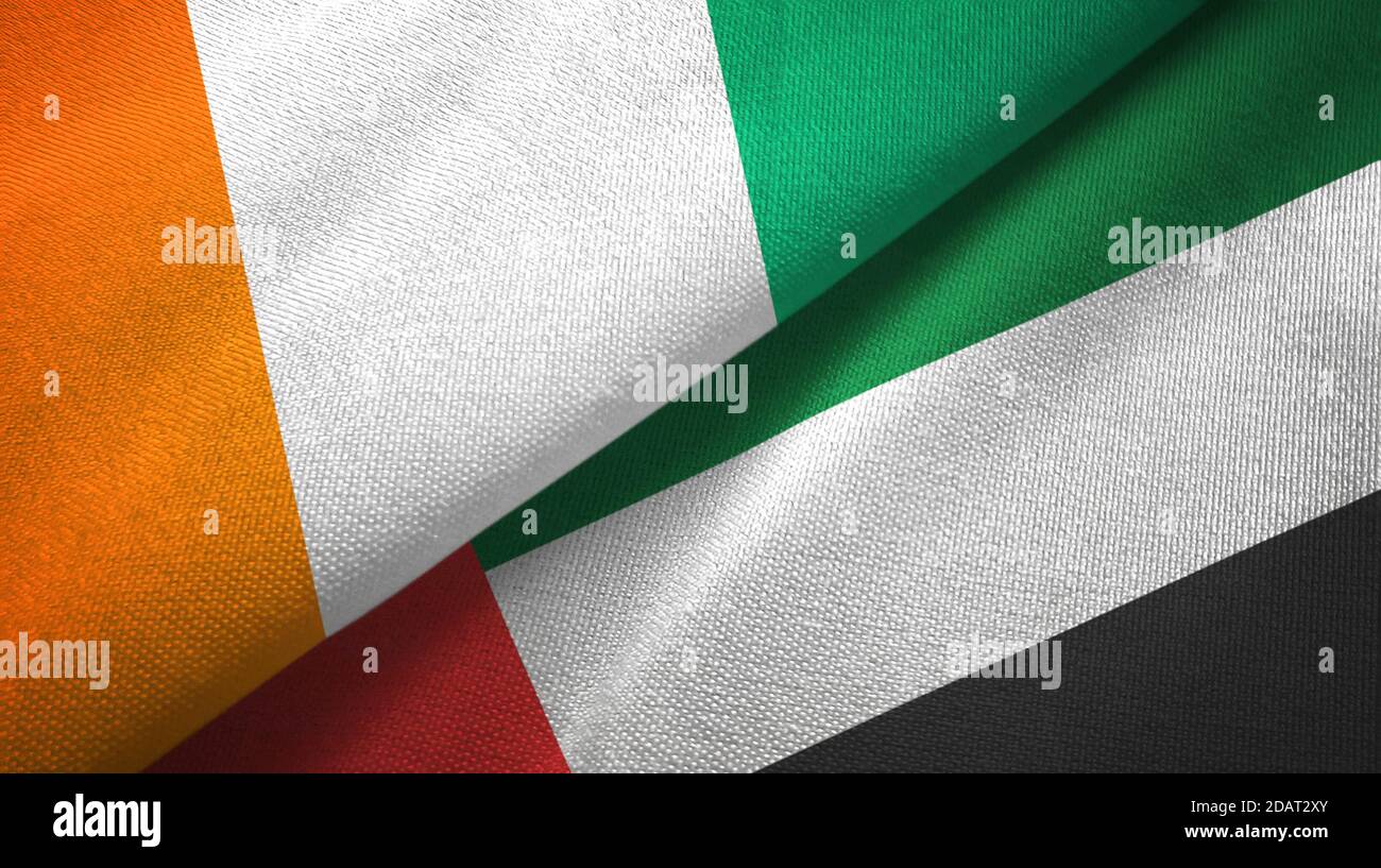 Cote d'Ivoire and United Arab Emirates two flags textile cloth, fabric ...