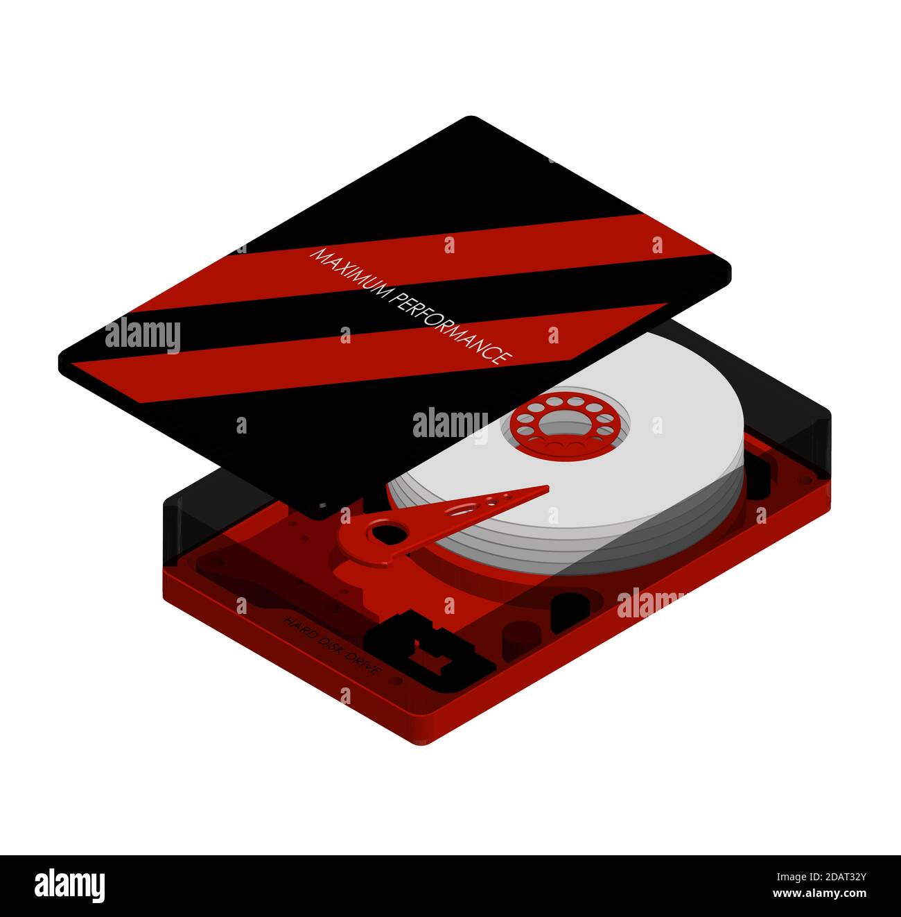 Isometric hard drive with an open cover in red and black, maximum ...