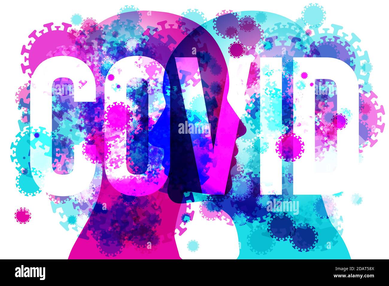 A male & female face to face silhouette, overlaid with various sized ...